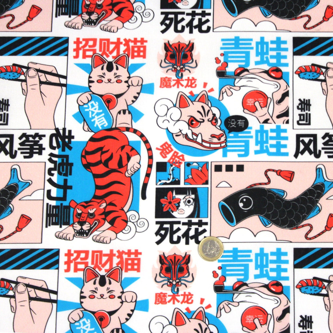 Tissu cotonnade TOKYO aux motifs japonais modernes oranges et bleus ...